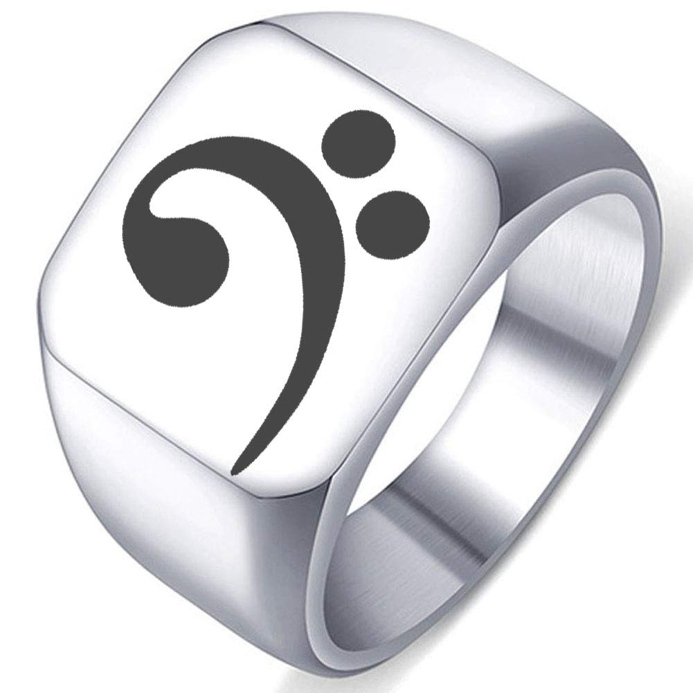 Dacai Laser Engraved Bass Clef Music Note Guitar Symbol Silver Stainless Steel Men's Womens Ring