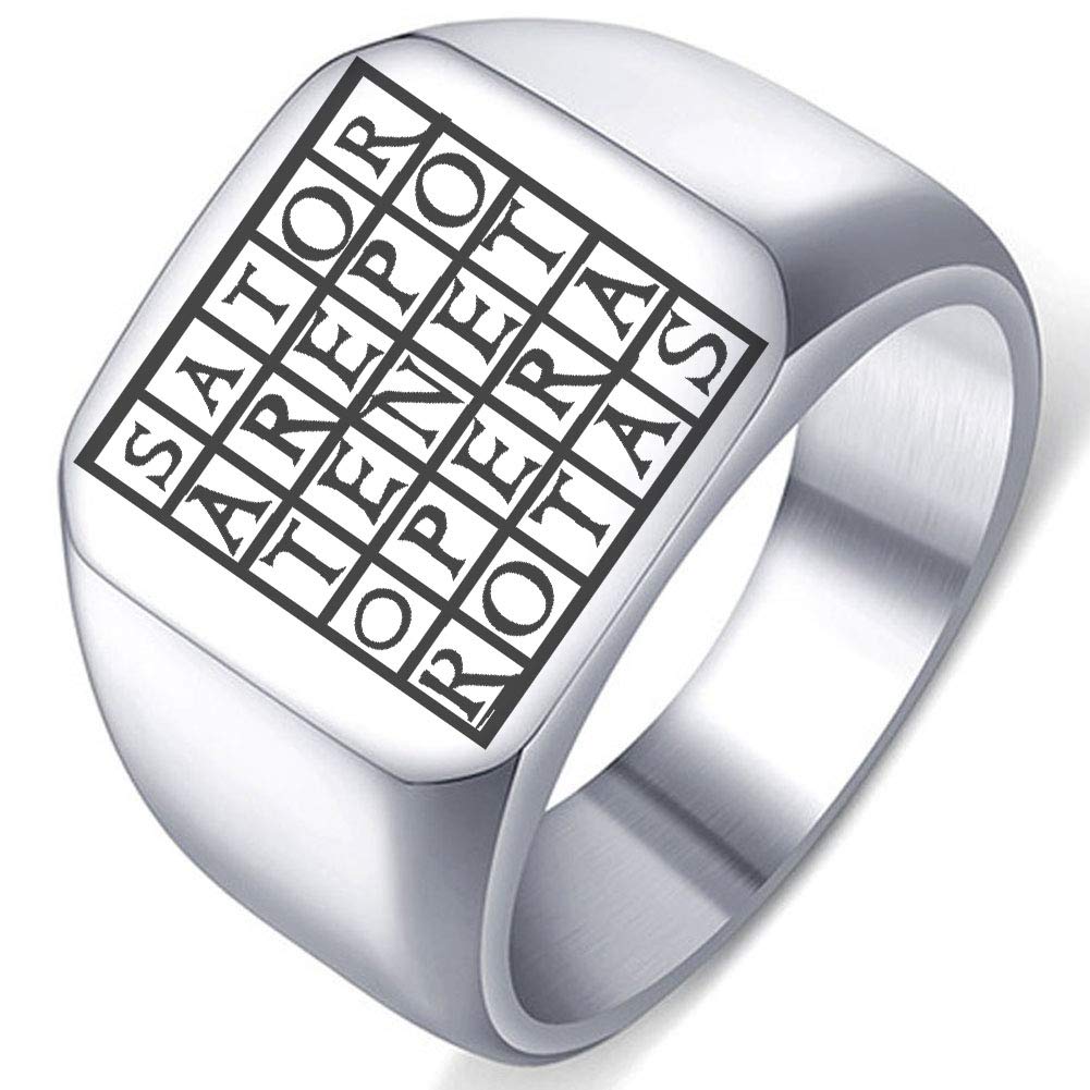 Dacai Engraved Sator Square Talisman Latin Silver Stainless Steel Men's Womens Ring