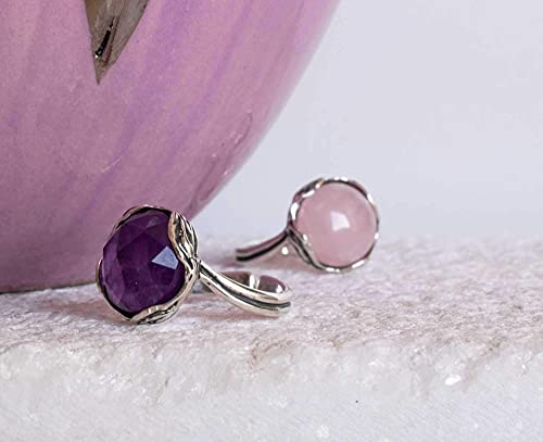 925 Sterling Silver Natural Amethyst Ring - Vintage Style Aquarius February Birthstone, Genuine Purple Gemstone Adjustable Ring - Handmade Jewelry For Her - Elegant Sizable Boho Ring - Gift For Women