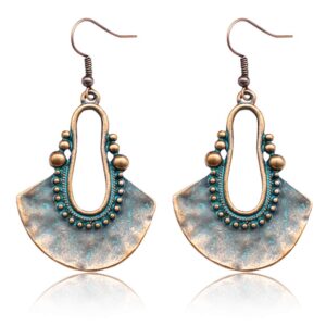 boho chic handmade hollow shield shape with hammered drop earrings vintage statement dangle earring for women (bronze)