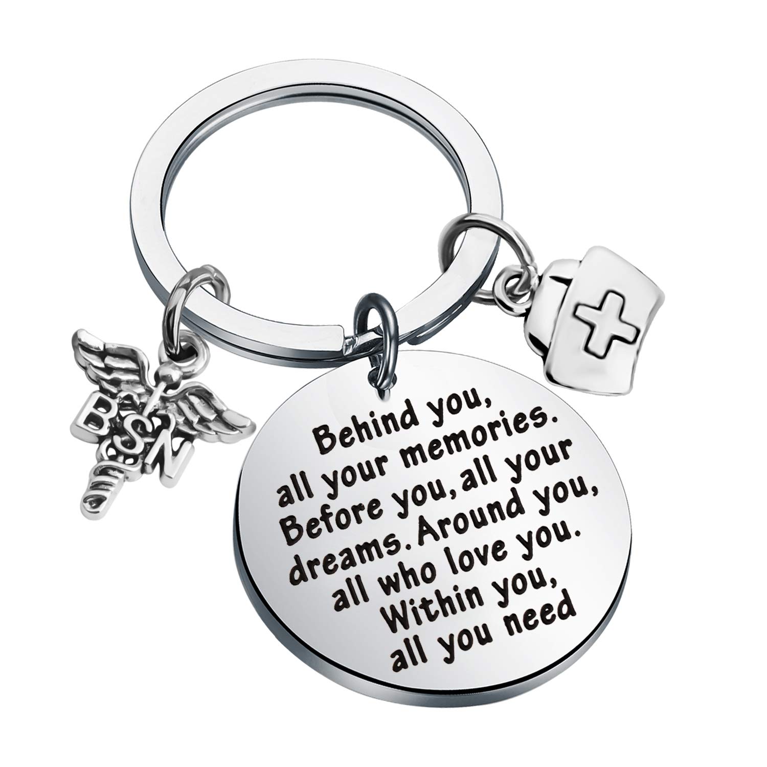 FEELMEM BSN Keychain BSN Bachelor of Science Nursing Gifts Behind You All Memories Before You All Your Dream BSN Graduation Gift for Women (BSN Keychain)