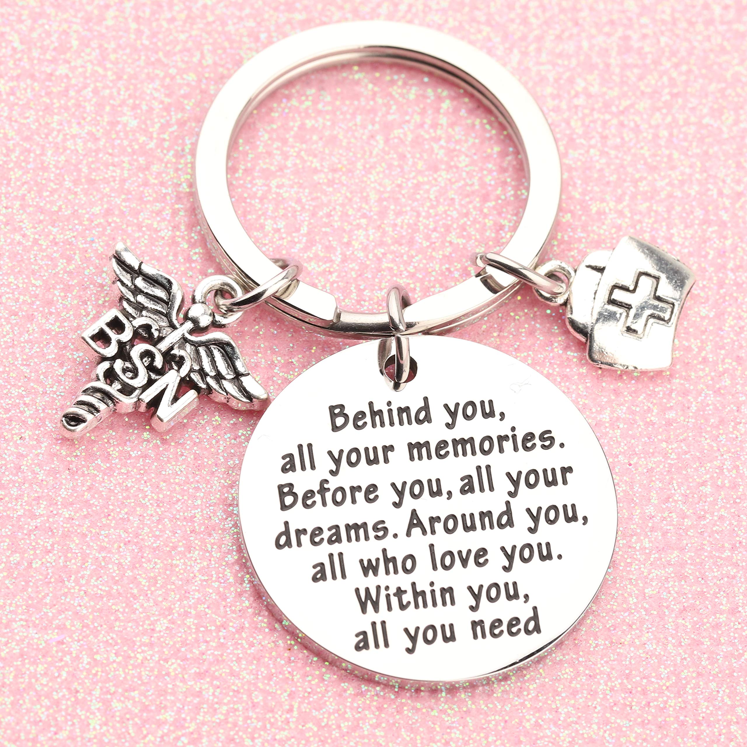 FEELMEM BSN Keychain BSN Bachelor of Science Nursing Gifts Behind You All Memories Before You All Your Dream BSN Graduation Gift for Women (BSN Keychain)