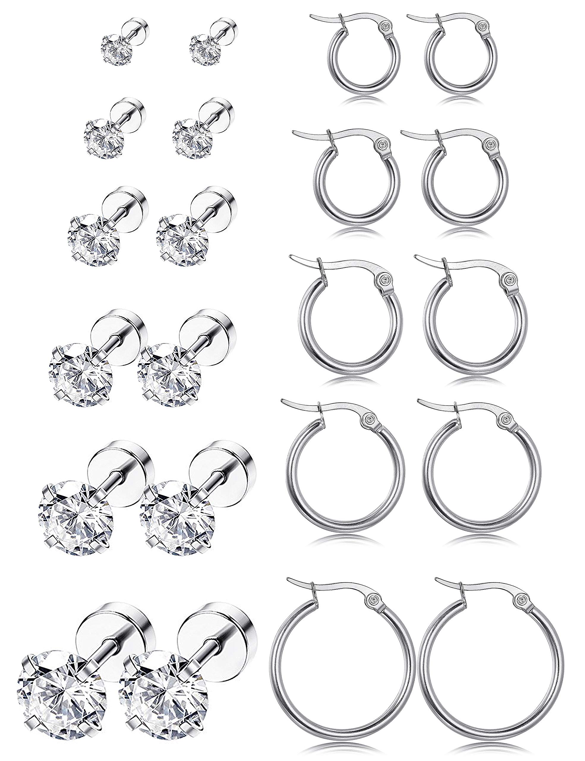 LOYALLOOK 11Pairs Stainless Steel Ear Stud Piercing Hoop Earrings Set Cute Huggie Earrings Cubic Zirconia Cartilage Barbell Stud Earring Screw Flat Back Earrings