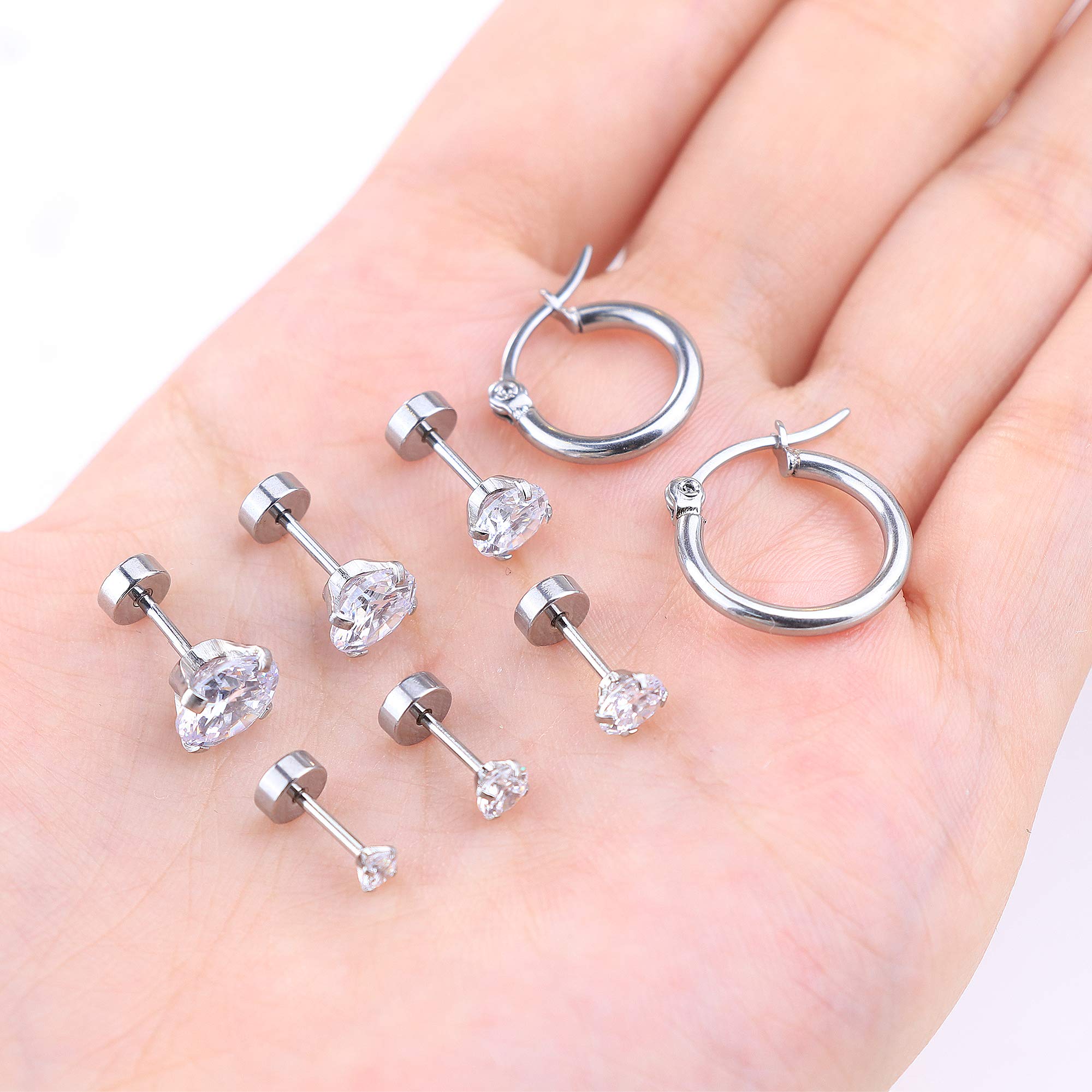 LOYALLOOK 11Pairs Stainless Steel Ear Stud Piercing Hoop Earrings Set Cute Huggie Earrings Cubic Zirconia Cartilage Barbell Stud Earring Screw Flat Back Earrings