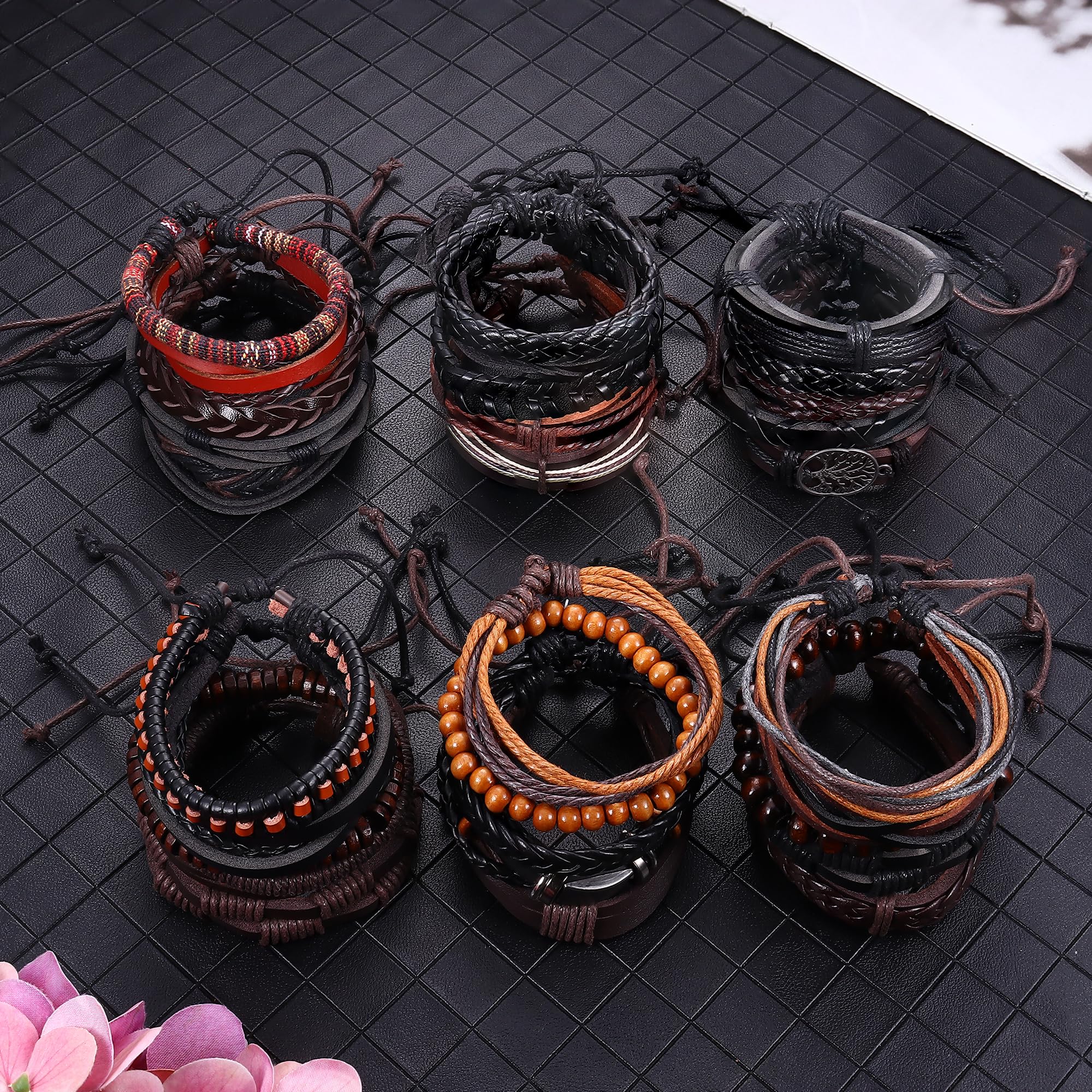 Florideco 30PCS Braided Leather Bracelets for Men Women Wrap Wood Beads Bracelet Woven Ethnic Tribal Rope Wristbands Bracelets Set Adjustable