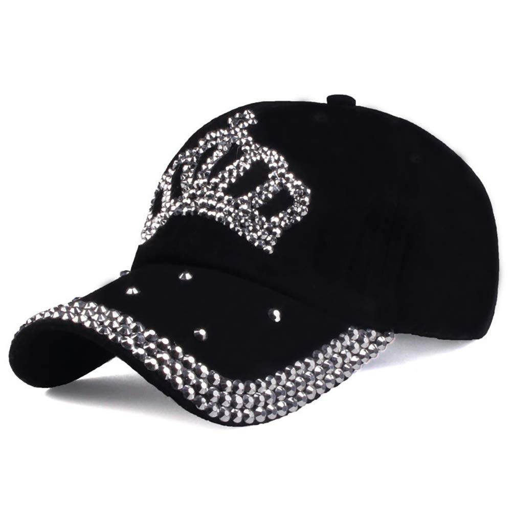 Gudessly Bling Women Baseball Cap Flower Snapback Rhinestone Sun Hats Adjustable Denim Jeans Hat (Crown-Black)