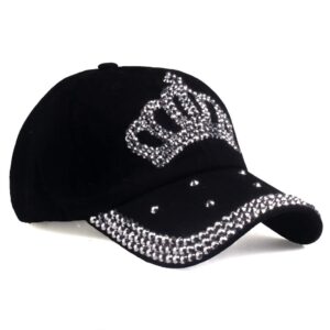 Gudessly Bling Women Baseball Cap Flower Snapback Rhinestone Sun Hats Adjustable Denim Jeans Hat (Crown-Black)