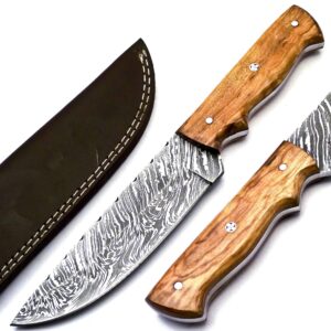 nooraki reg-48 hunting/skinner damascus steel handmade knife 11 inches full tang with leather sheath, olive wood