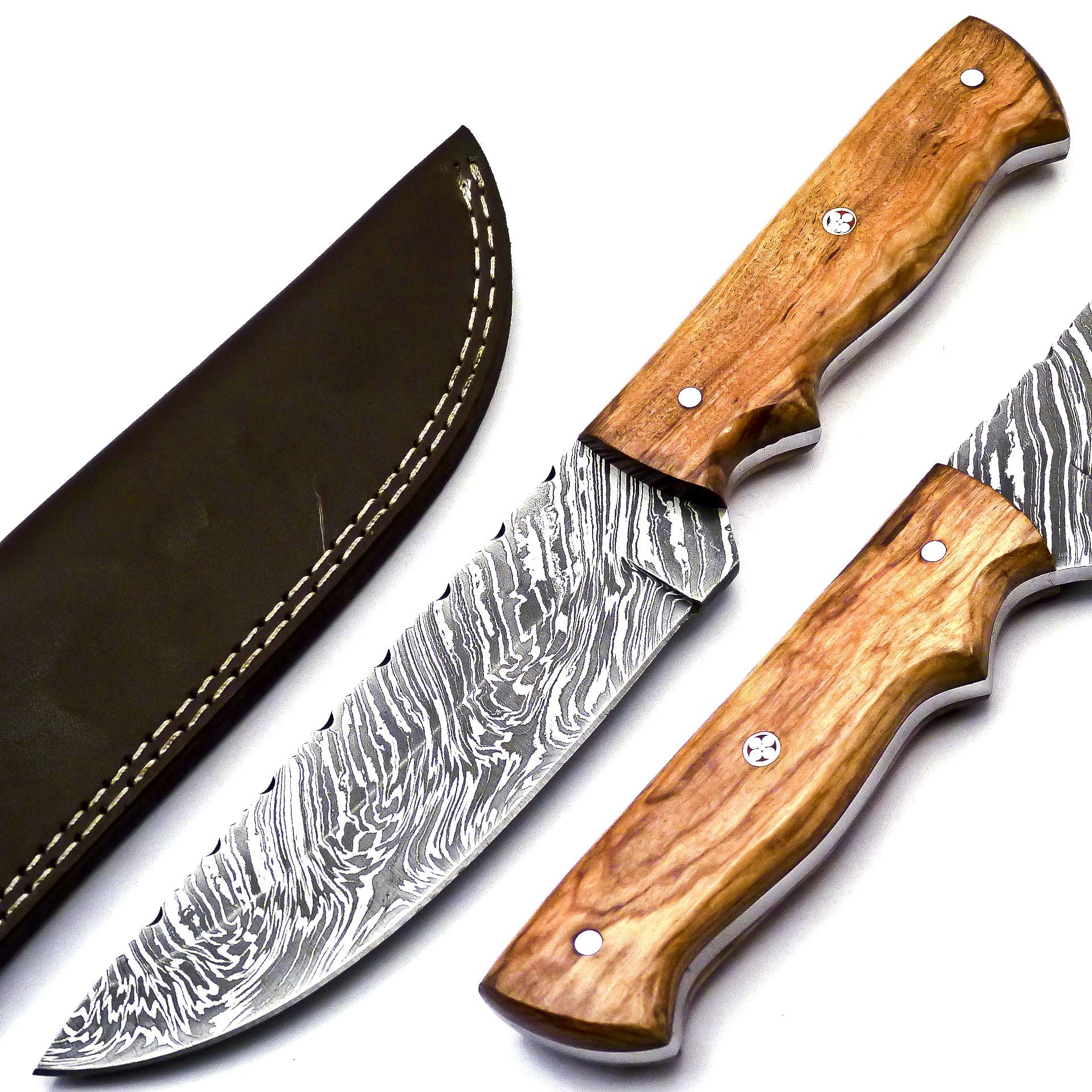 Nooraki REG-48 Hunting/Skinner Damascus Steel Handmade Knife 11 Inches Full Tang with Leather Sheath, Olive Wood