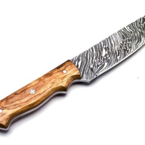 Nooraki REG-48 Hunting/Skinner Damascus Steel Handmade Knife 11 Inches Full Tang with Leather Sheath, Olive Wood