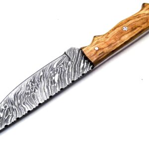 Nooraki REG-48 Hunting/Skinner Damascus Steel Handmade Knife 11 Inches Full Tang with Leather Sheath, Olive Wood