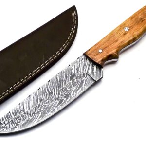 Nooraki REG-48 Hunting/Skinner Damascus Steel Handmade Knife 11 Inches Full Tang with Leather Sheath, Olive Wood