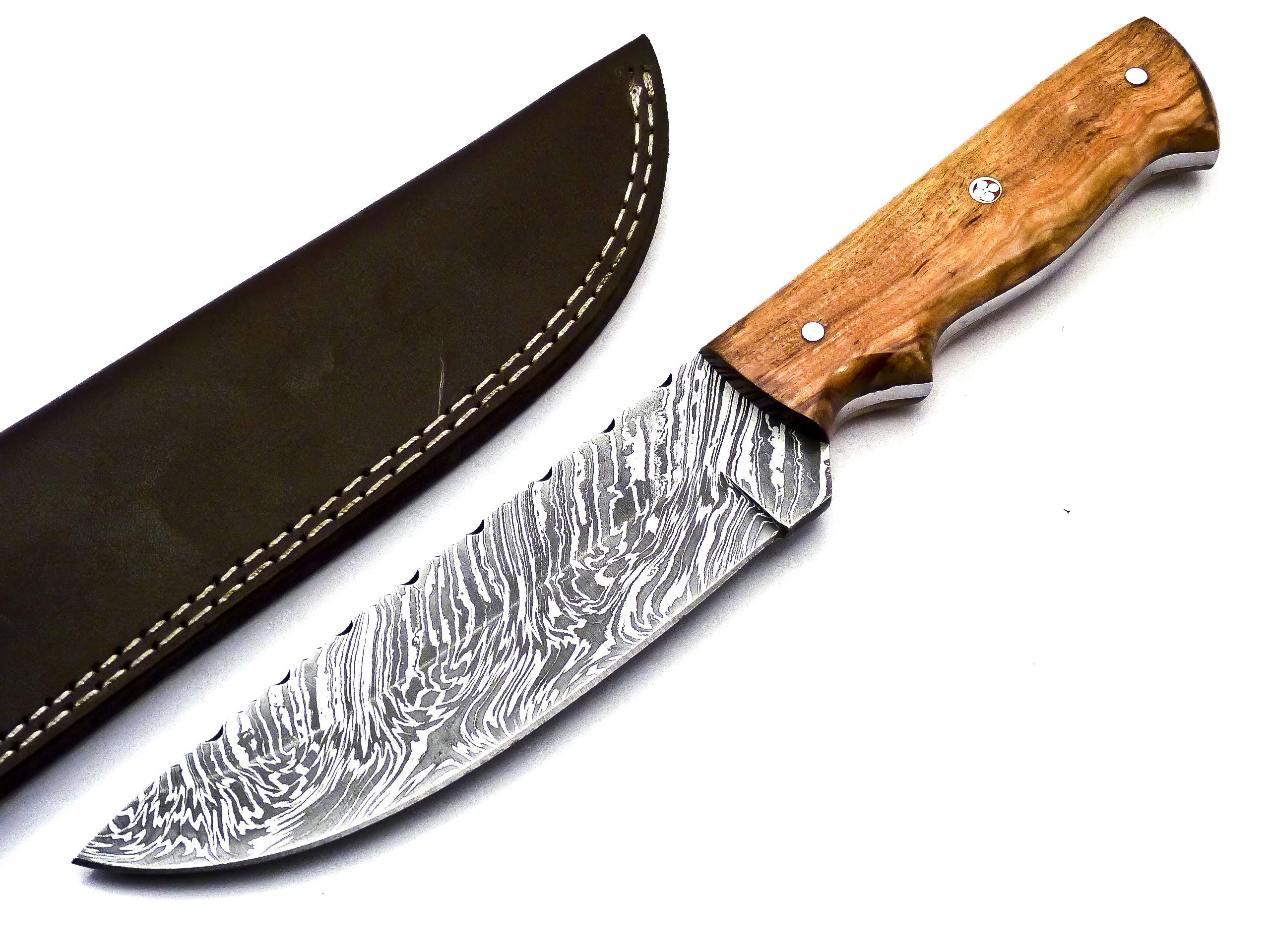 Nooraki REG-48 Hunting/Skinner Damascus Steel Handmade Knife 11 Inches Full Tang with Leather Sheath, Olive Wood