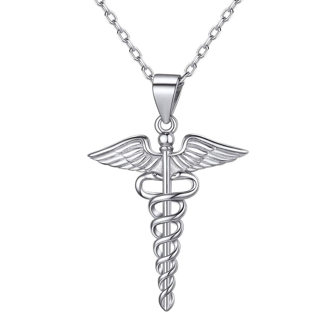 Nofade Silver Caduceus Symbol of Medicine Necklace 925 Sterling Silver Pendant Necklace for Doctor or Nurse Perfect Holiday Gift Jewelry Gift