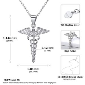 Nofade Silver Caduceus Symbol of Medicine Necklace 925 Sterling Silver Pendant Necklace for Doctor or Nurse Perfect Holiday Gift Jewelry Gift