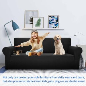 MAXIJIN Super Stretch Couch Cover for 3 Cushion Couch, 1-Piece Universal Sofa Covers Living Room Jacquard Spandex Furniture Protector Dogs Pet Friendly Fitted (Large, Black)