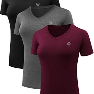 NELEUS Women's 3 Pack V Neck Compression Running Shirt Workout Clothes,8016,Black/Grey/Burgundy,Medium