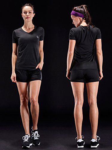 NELEUS Women's 3 Pack V Neck Compression Running Shirt Workout Clothes,8016,Black/Grey/Burgundy,Medium