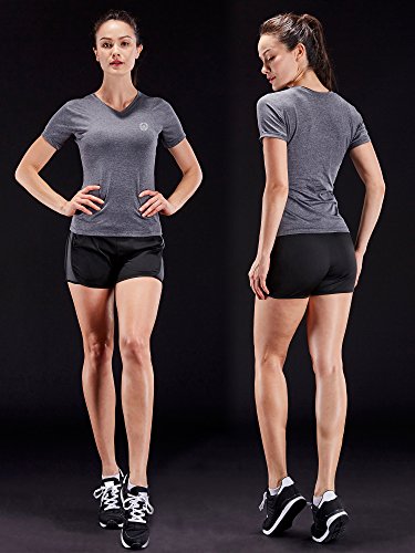 NELEUS Women's 3 Pack V Neck Compression Running Shirt Workout Clothes,8016,Black/Grey/Burgundy,Medium