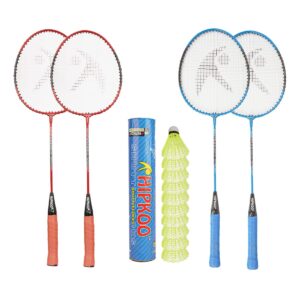 hipkoo sports aluminum badminton complete racquets set | 4 wide body rackets and 10 shuttlecocks | ideal for beginner and recreational | lightweight & sturdy (blue & red, set of 4)