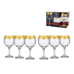 joesph sedgh collection full set of 6 wine glasses perfect for red and white wines - gold greek key trim design - use for dinner parties back yard bbq’s & much more