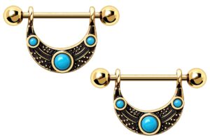 pierced owl gold plated turquoise beaded tribal nipple barbells, sold as pair