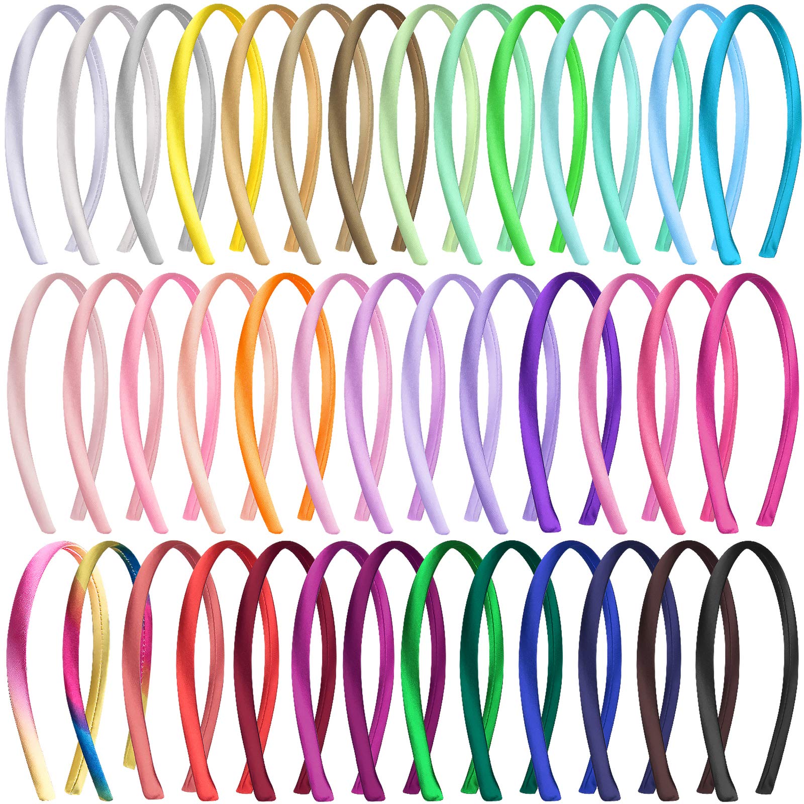 Duufin 40 Pieces Satin Headbands Girls Plain Headband 1cm Craft DIY Headband Colorful Satin Covered Hair Headbands, 40 Colors