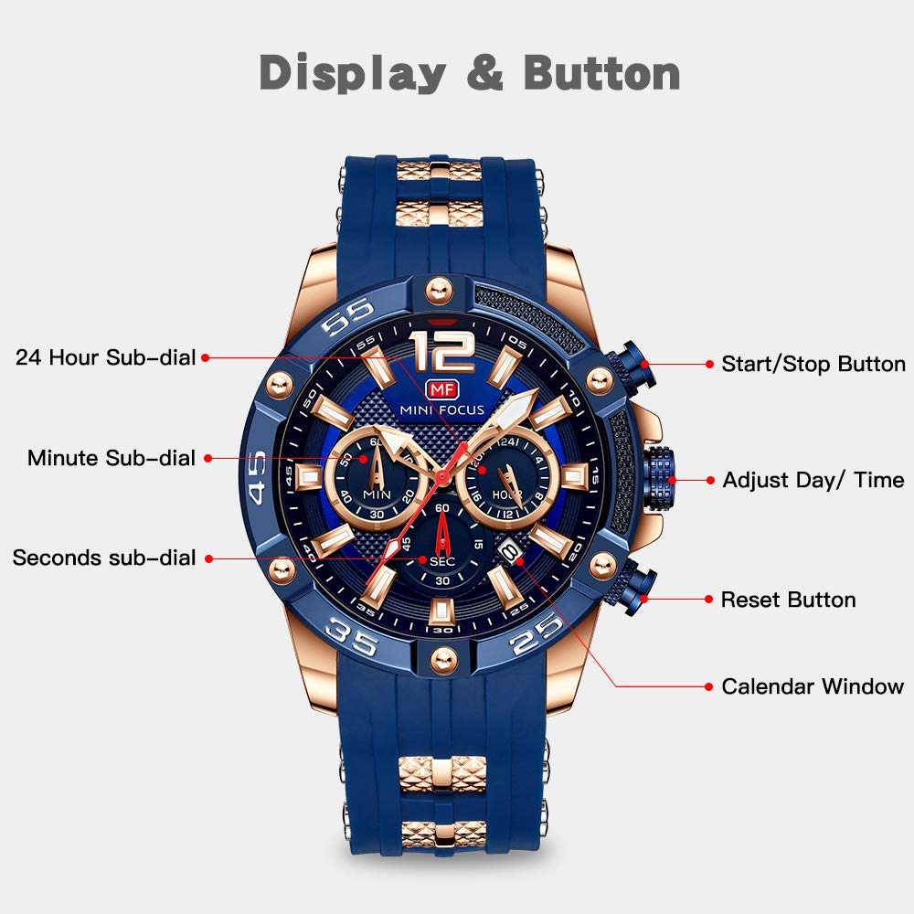 Mini Focus Men Watches Unique Casual Wrist Watches (Chronograph/Waterproof/Luminous/Calendar/24 Hours) Silicon Band Fashion Watches for Men(Blue)…