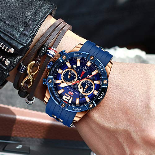 Mini Focus Men Watches Unique Casual Wrist Watches (Chronograph/Waterproof/Luminous/Calendar/24 Hours) Silicon Band Fashion Watches for Men(Blue)…