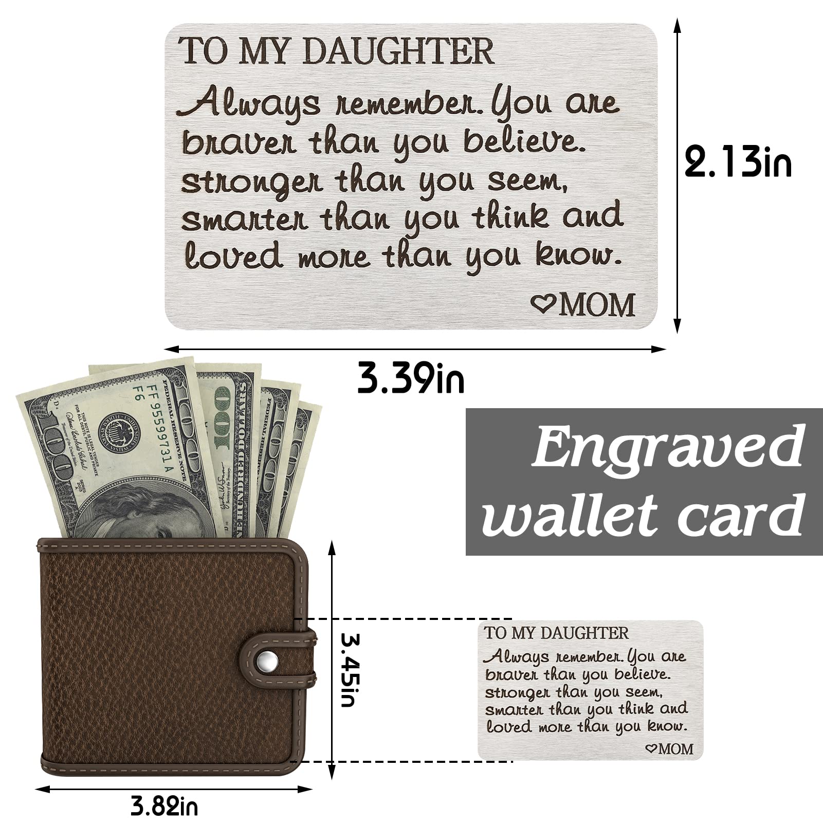 PLwelth Daughter Engraved Wallet Card from Mom Stainless Steel Women Girls Teen Inspirational Message Wallet Insert Card Daughter Gift Birthday Graduation Christmas Coming of Age Gift