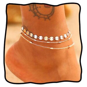 jeweky boho layered sequines anklets beads foot jewelry chain ankle bracelets for women and girls (gold)