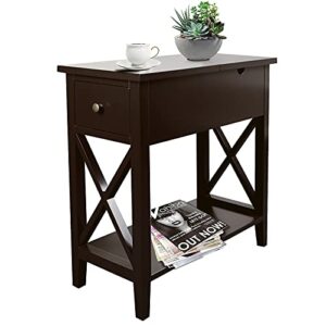 choochoo end table, mdf material flip top narrow end table with drawer, accent small side table nightstand for living room, bedroom, and small spaces - espresso