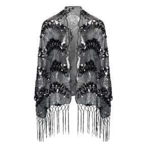 BABEYOND 1920s Sequin Shawl Fringed Evening Cape Wedding Bridal Shawl (Black)