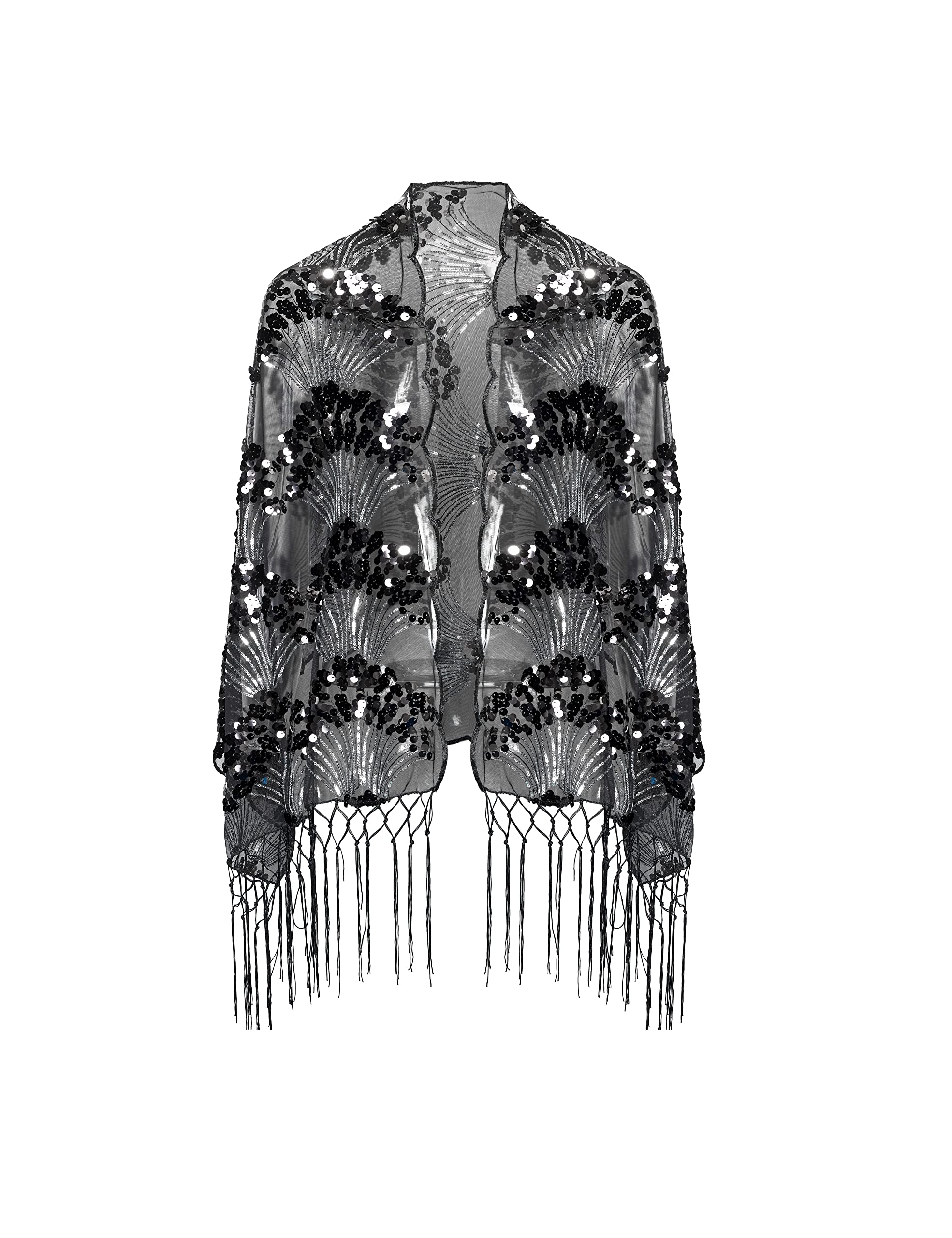 BABEYOND 1920s Sequin Shawl Fringed Evening Cape Wedding Bridal Shawl (Black)