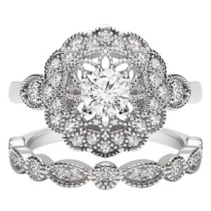 twobirch 18k white gold microplated art deco floral design duo bridal ring set engagement ring and wedding band with cubic zirconia (set (2 rings), size 7)