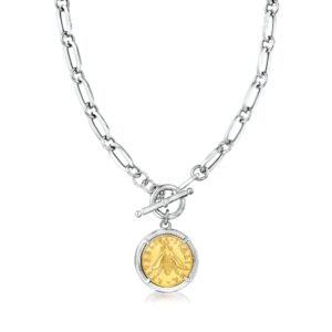 ross-simons italian sterling silver and 18kt gold over sterling replica bumblebee lira coin paper clip link toggle necklace 20 inches