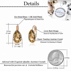 Teardrop Austrian Crystal Leverback Drop Earrings for Women 14K Rose Gold Plated Hypoallergenic Jewelry (Light Topaz)