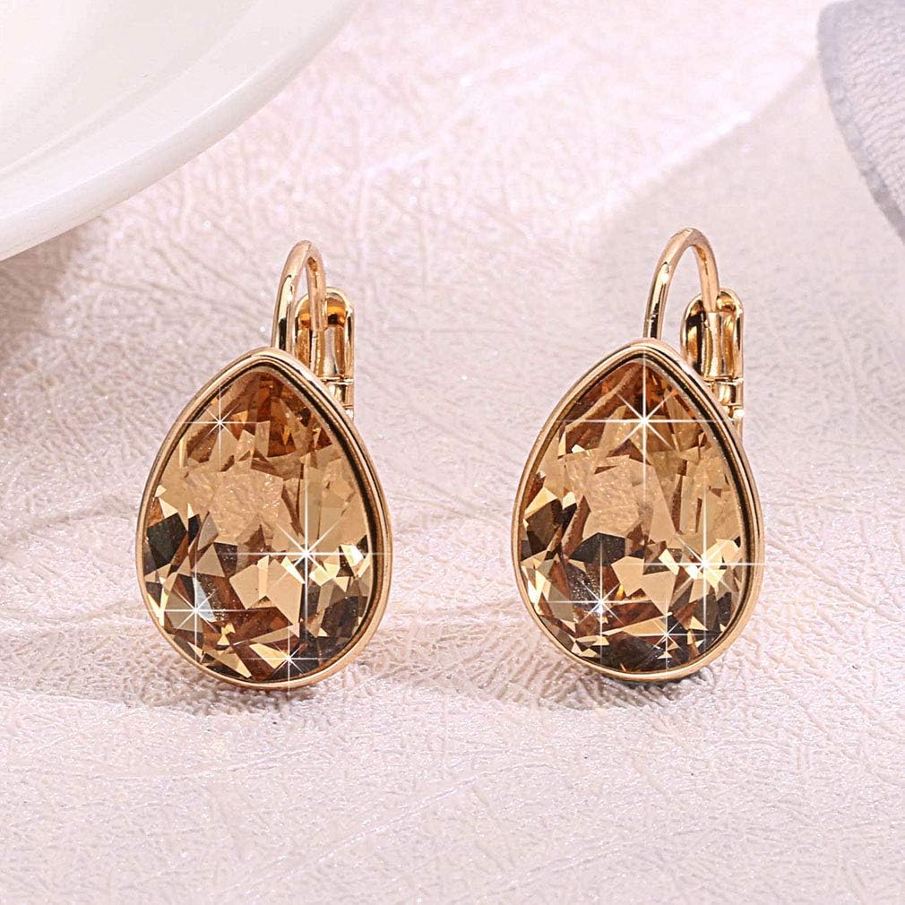 Teardrop Austrian Crystal Leverback Drop Earrings for Women 14K Rose Gold Plated Hypoallergenic Jewelry (Light Topaz)