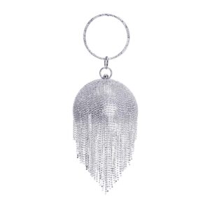 flada round ball clutch purse women crystal evening bag tassel wedding party handbag, silver, small