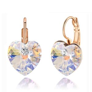 austrian crystal heart drop leverback earrings for women 14k rose gold plated hypoallergenic jewelry (aurora borealis)