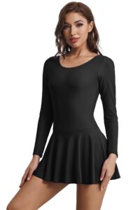 aoylisey women's long sleeve leotard dance skirted bodysuits (black, s)