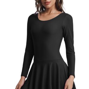 Aoylisey Women's Long Sleeve Leotard Dance Skirted Bodysuits (Black, S)