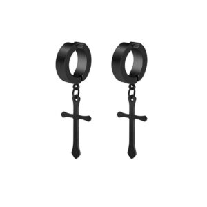 non-pierced earrings set for men women cross titanium steel hoop dangle clip on earring black