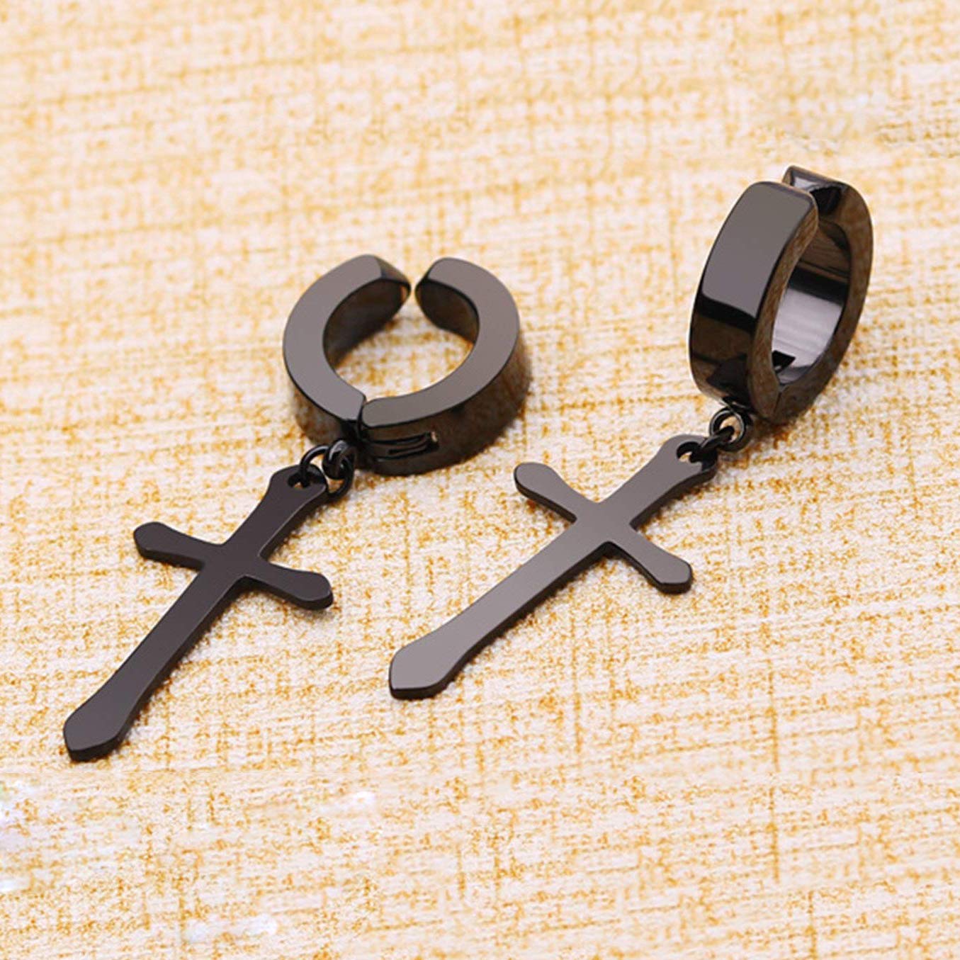 Non-pierced Earrings Set for Men Women Cross Titanium Steel Hoop Dangle Clip On Earring Black