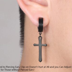 Non-pierced Earrings Set for Men Women Cross Titanium Steel Hoop Dangle Clip On Earring Black