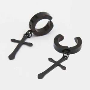 Non-pierced Earrings Set for Men Women Cross Titanium Steel Hoop Dangle Clip On Earring Black