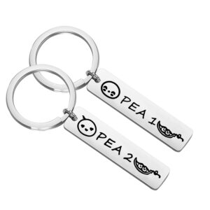 cenwa pea 1 pea 2 set of two twins keychain twins jewelry bff gift for twin sister/brother best friend (pea 1 pea 2 set)