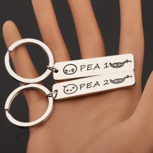 CENWA Pea 1 Pea 2 Set Of Two Twins Keychain Twins Jewelry BFF Gift for Twin Sister/Brother Best Friend (PEA 1 PEA 2 set)