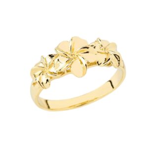 certified 10k yellow gold trio hawaiian plumeria flower ring (size 8)