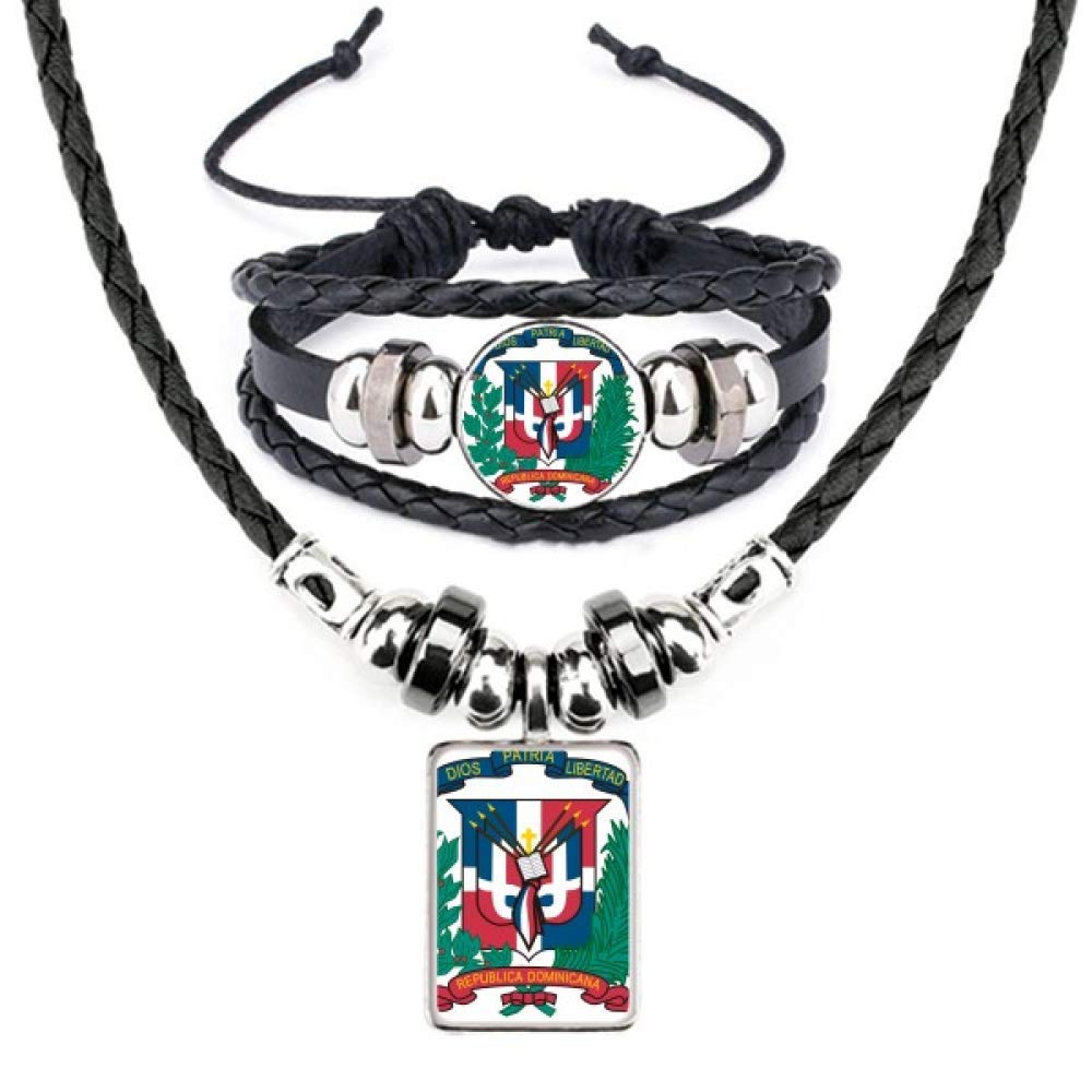 Dominican Republic National Emblem Country Leather Necklace Bracelet Jewelry Set